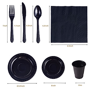 175 PCS Black Party Supplies Disposable Dinnerware Set Plastic Plates and Paper Napkins Cups Silverware Serve 25 Sets for Birthday Bridal Shower Wedding Engagement Graduation Parties