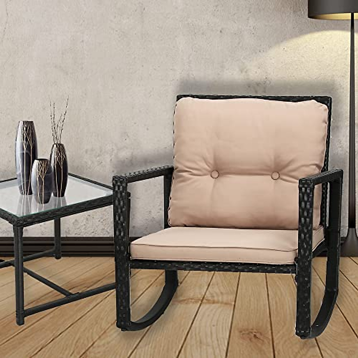 Wicker Patio Furniture Sets 3 Piece Outdoor Bistro Set Rocking Chair Patio Set Rattan Chair Conversation Sets for Backyard Porch Poolside with Coffee Table,Black