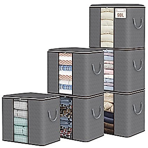 Fixwal Clothes Storage Bags 6 Pack 90L Large Capacity Storage Container for Comforter, Clothing, Blankets, Bedding, Foldable Closet Organizer Storage Bins with Sturdy Zipper Reinforced Handle, Grey