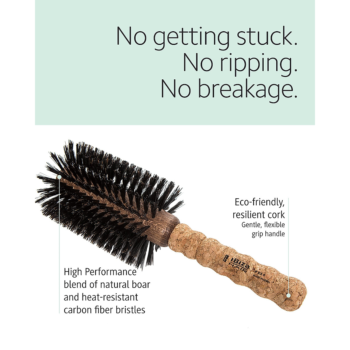 Ibiza Hair Round Boar Bristle Brush (EX5-80mm) | Lightweight with Reinforced Bristles & Cork Handle | Ideal for Loose Curls & Big Volume | Adds Texture & Shine for Medium to Long Styles
