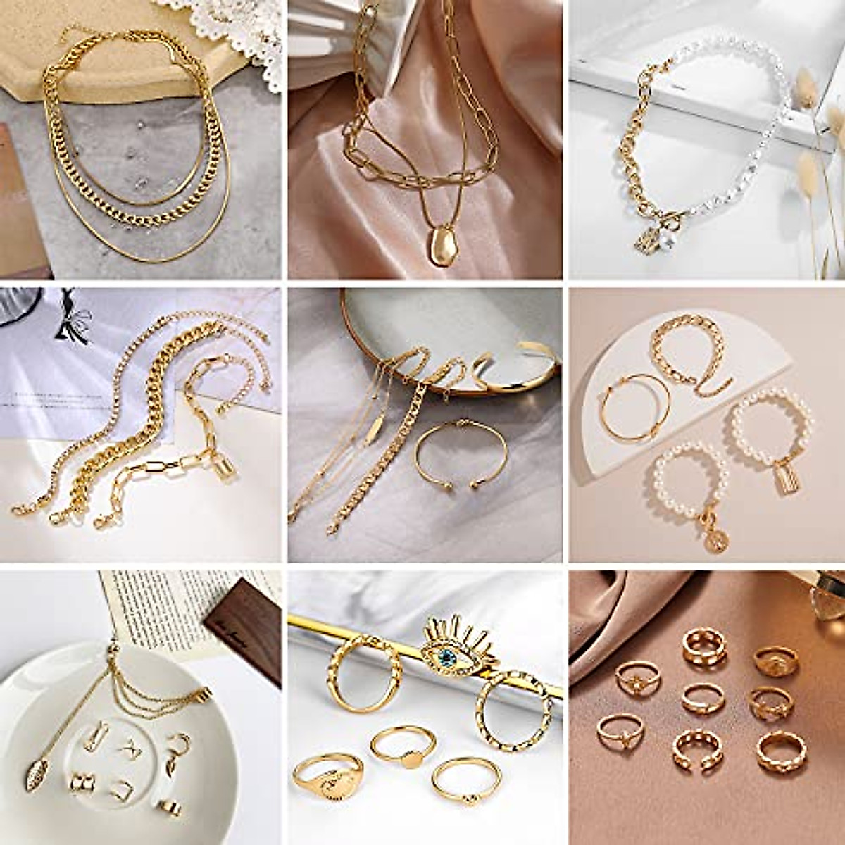 IFKM 36 PCS Gold Plated Jewelry Set with 4 PCS Necklace, 11 PCS Bracelet, 7 PCS Ear Cuffs Earring, 14 Pcs Knuckle Rings for Women Girls Valentine Anniversary Birthday Friendship Gift