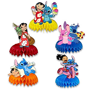 5Pcs Stitch Party Decorations Honeycomb Centerpieces Topper Stitch Birthday Party Supplies Table Decorations for Party Baby Shower Living Dining Room