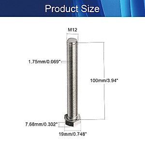 Juvielich 2Pcs Hex Bolt M12x100mm-1.75mm Pitch 3.94 inch Length 304 Stainless Steel Fully Threaded Hex Tap Bolts Hex Head Screw Bolts Silver Tone
