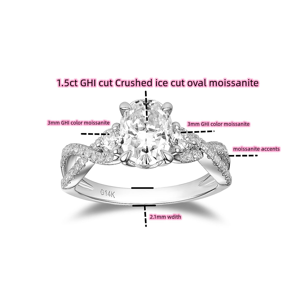 DovEggs Solid 14K White Gold 1.5ct Center 6X8mm G-H-I Color Elongated Oval Ice Crush Cut Moissanite Split Shank Engagement Ring with Accents for Women Band Width 2.1mm, white gold, Moissanite