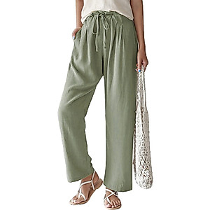 ebossy Women's Summer Drawstring Elastic Waist Cotton Linen Utility Beach Palazzo Pants Pockets (L, Green)