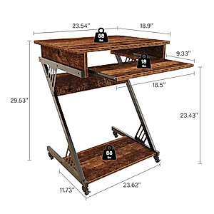 ALISENED Computer Desk for Small Spaces,23.6" Z-Shaped Compact Study Table with Smooth Keyboard Tray,with Wheels and Bottom Shelves for Home Office，Computer Cart Mobile Laptop Cart