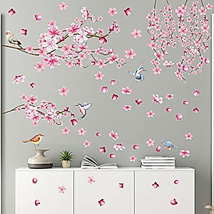Cherry Blossom Flower Wall Stickers Tree Branches Wall Decals Pink Floral Wall Decals Watercolor Birds Flower Wall Decals for Girls Room Bedroom Living Room Nursery Decor