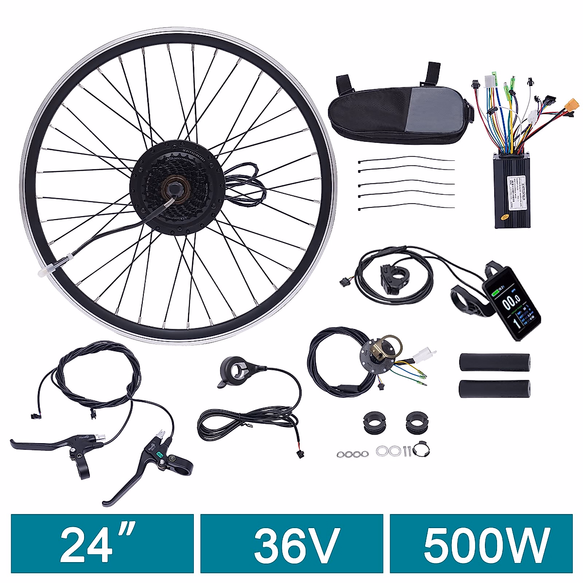 24" E-Bike Conversion Kit 36V 500W E-Bike Rear Wheel Motor Kit w/Display & Pedal Sensor, Brushless Gear Motor, 5 Speed Controls