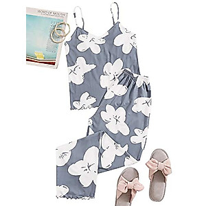Floerns Women's Tropical Print Cami with Pants Sleepwear Two Piece Pajama Set Multi Floral M