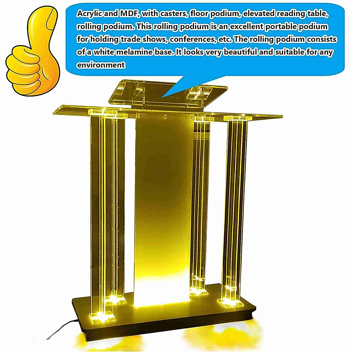 WEOBNAQ Transparent Acrylic Podium with Wheels, pulpits for Churches, Rolling Podium Floor Podium with Light,for Conference Room Church Company Transparent 100x40x116cm