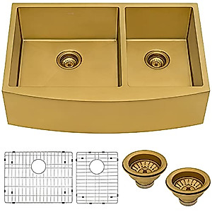 Ruvati 33-inch Satin Brass Matte Gold Stainless Steel 60/40 Double Bowl Apron-Front Farmhouse Kitchen Sink - RVH9742GG