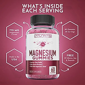 Atlantis Nutrition Magnesium Gummies | 770 MG Magnesium Citrate | Helps Muscle Recover & Relieves Cramps, Promotes Calmness, Improves Sleep Quality | Formulated for Adults & Kids | 60 Vegan Gummies