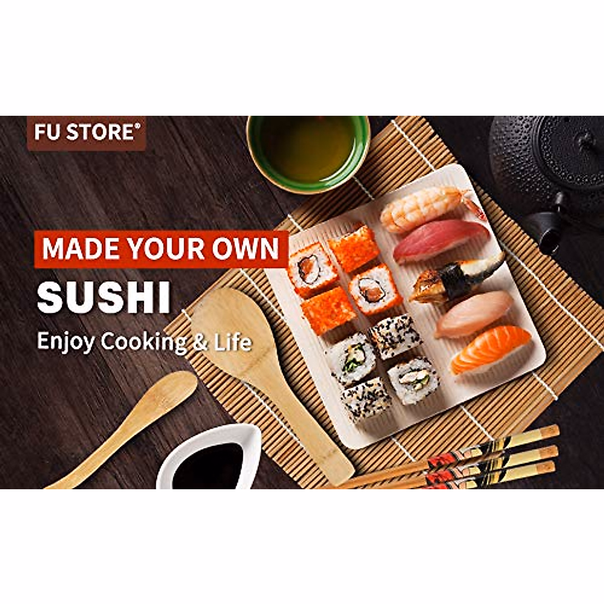 Fu Store Sushi Making Kit Set 9 PCS-Sushi Rolling Mats Rice Paddle Rice Spreader Sushi Roller Bamboo Beginner Sushi Maker