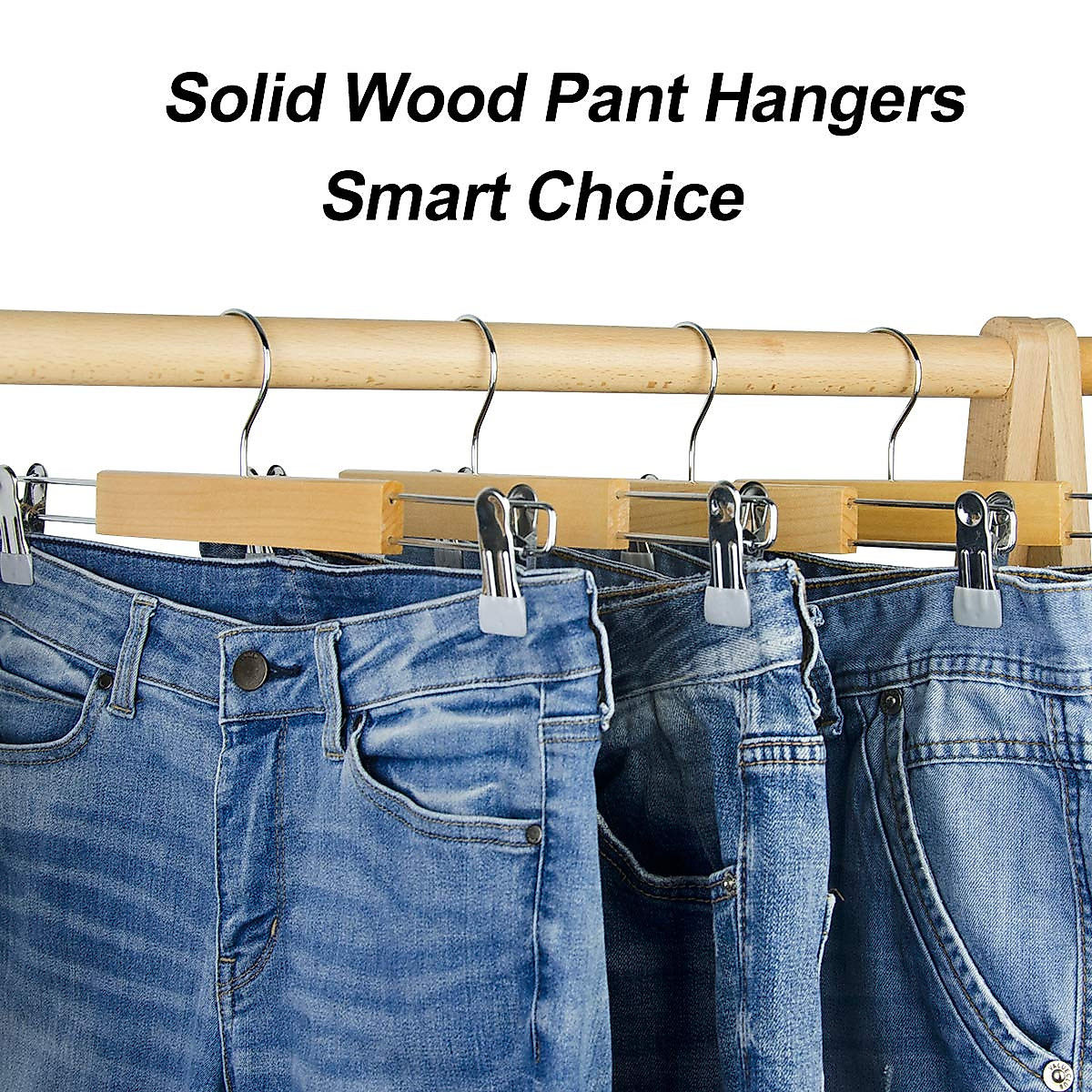 ELONG HOME Wooden Pants Hangers 12Packs, Skirt Hangers with Adjustable Clips, Non Slip Wood Clothes Hangers with Clips, Space Saving Hangers for Pants Skirts Trousers Slacks Jeans