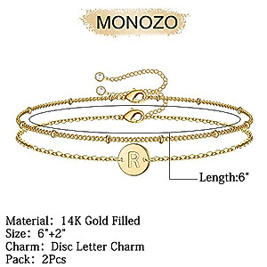 MONOZO Initial Charm Bracelets for Women, Dainty 14K Gold Filled R Letter Initial Bracelet Women Disc Monogram Bracelet Jewelry Gifts for Birthday Valentines Thanksgiving Christmas Anniversary