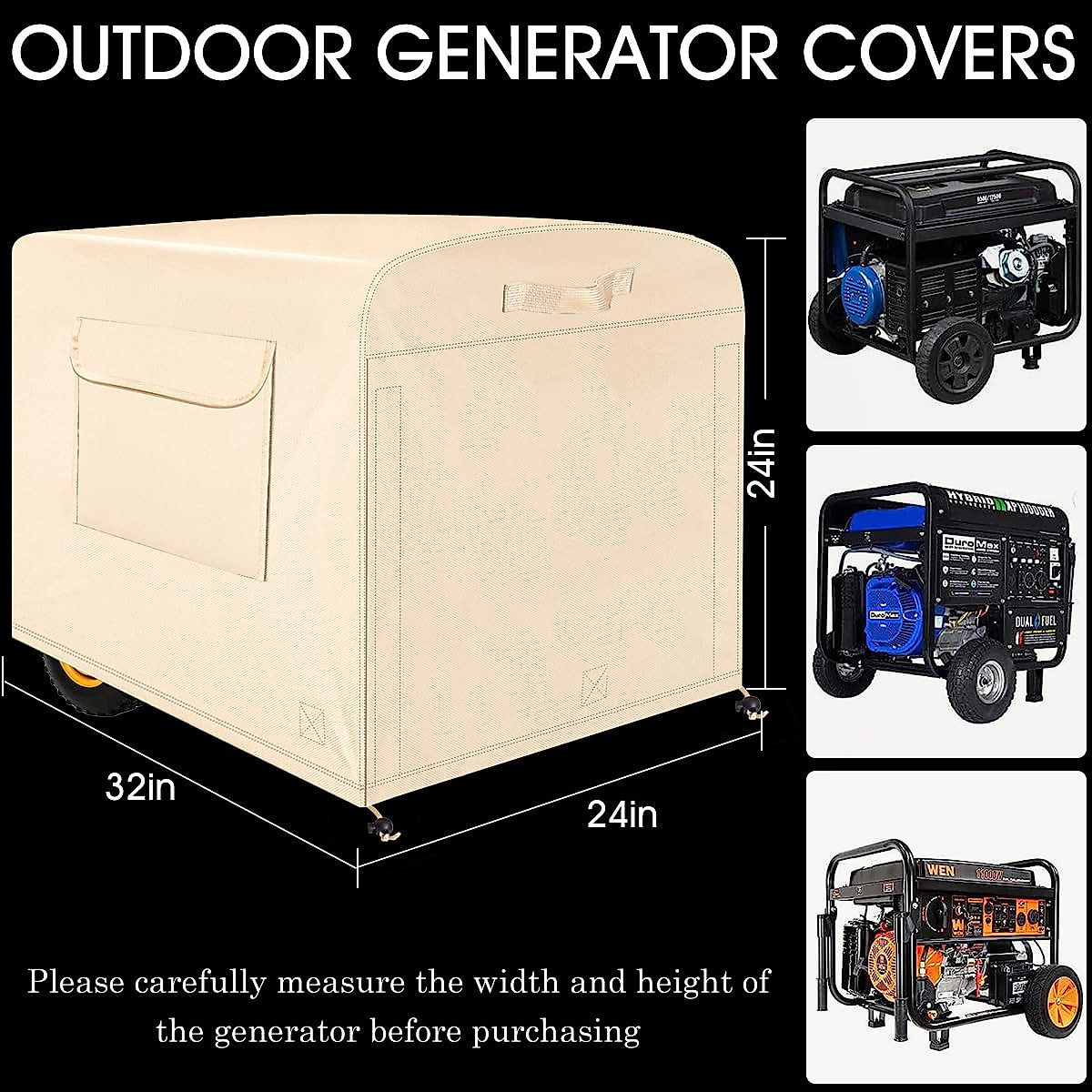 WNATN generator cover,32''L*24”W*24”H Generator Covers Heavy Duty Waterproof,600D generac generator cover,portable generator cover,inverter generator cover for outside(Beige)