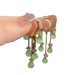 Jade Tassel Earrings Cat'S Eye Stone Earrings Natural Green Hotan Jade Jade Earrings Lucky Green Jade Handmade Earrings Hypoallergenic Jade Jewelry Gifts for Women Girls (Light Green)