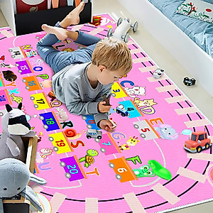 DoRlPIeY Kids ABC Pink Play Rug, Girl Alphabet Rugs with Numbers Animal Train and Road Shapes Learning Fun Educational Carpet, Playmat for Kid Bedroom Playroom 31x47 in Small Pattern