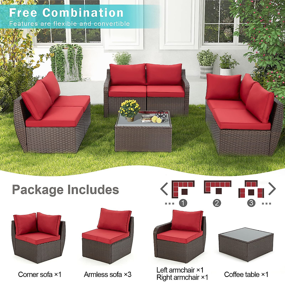 Vicluke 7 Piece Patio Furniture Set, Rattan Wicker Sectional Sofa Set with Ergonomic Curved Armrest, Outdoor Conversation Set with Waterproof Cushion and Glass Table for Garden, Backyard (Red)