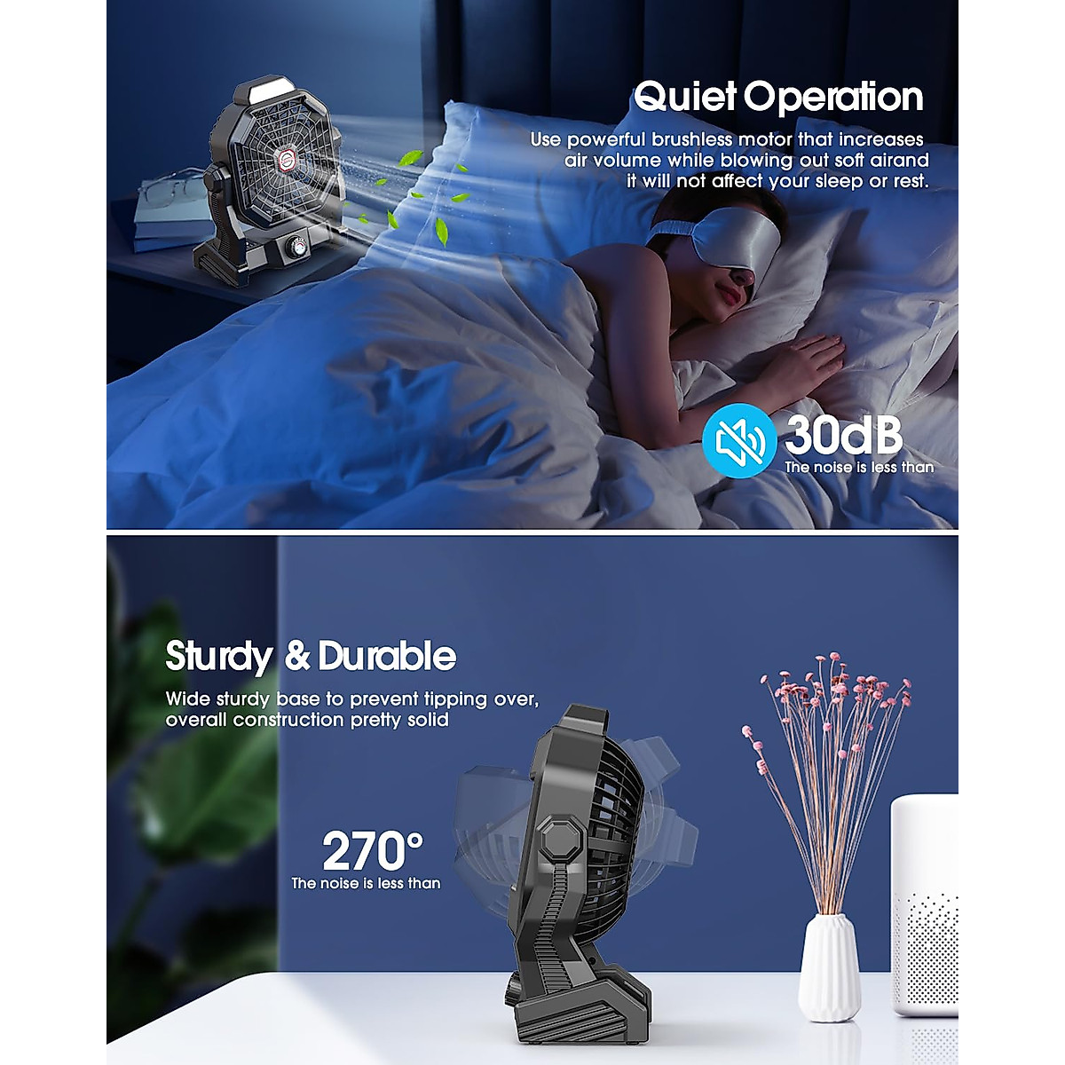 10400mAh Solar Fan, Camping Fan with Solar Panel, 7W 9-Inch Rechargeable Battery Operated Fan for Outside, LED Lantern, Stepless Speed and Quiet Battery Powered Solar Tent Fan for Tent,Outdoor, Office