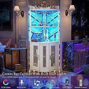 Aheaplus Corner Bar Cabinet with Power Outlet, Industrial Wine Cabinet with LED Strip and Glass Holder, 5-Tiers Liquor Cabinet Bar Unit for Home, Corner Display Cabinet for Small Space, White