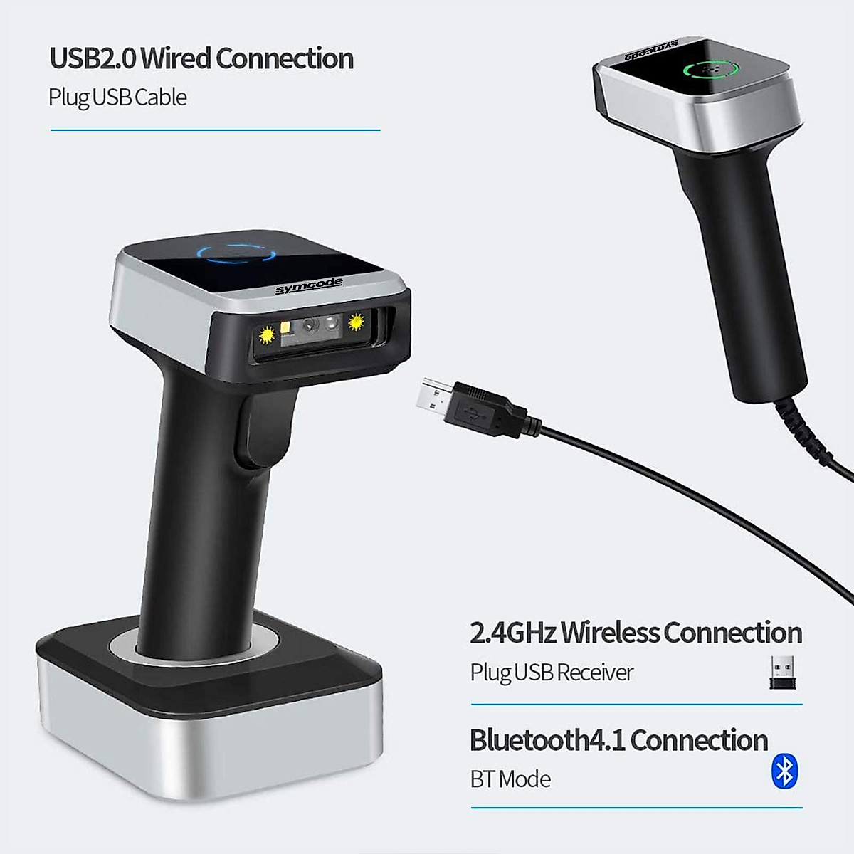 Wireless Bluetooth Barcode Scanner with Base.USB 2.0 Wired Barcode Imager Automatic Barcode Reader Handhold Scanner.with USB Cable for Laptops.Computers.Cashier.POS