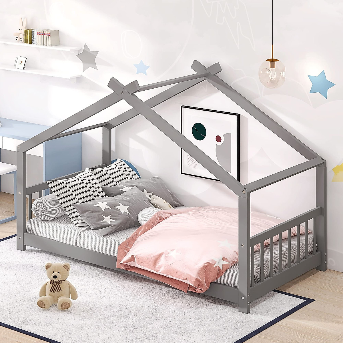 Twin Size House Bed for Kids, Wood Floor Bed Frame with Headboard and Footrest for Girls Boys, Slatted Support, No Spring Box Required (Gray-Twin-House Bed)