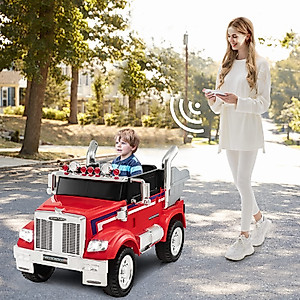 Costzon Electric Car for Kids, 12V Licensed Freightliner Ride on Dump Truck W/Remote Control, Rear Loader, Spring Suspension, Easy-Drag System, MP3 & Music, Gift for Boy Girl, Semi Truck Ride on Car