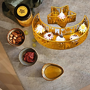 AOCEAN 2 Pcs Golden Ramadan Serving Tray Elegant Eid Mubarak Dessert Plate with Moon and Star Design Stylish Food Container for Ramadan Table Decor and Festive Gatherings (Carve)