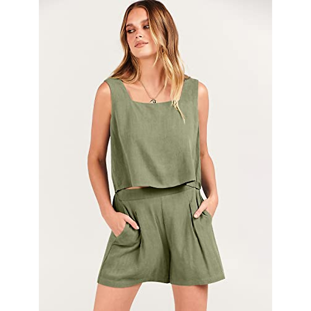 ANRABESS Womens 2 Piece Outfits Linen Square Neck Crop Short Set Lounge Matching Sets 2023 Trendy Clothes Summer Vacation Set for Beach Vacation Resort 997zhonglv-M