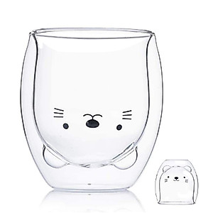 Sharemee Cute Mugs Double Wall Insulated Glass Espresso Cup Coffee Cup, Tea Cup, Milk Cup, Gigt for Personal Birthday and Office 250ml/8.4oz (Cute Mugs Bear+cat)