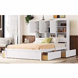 GM Ultra Queen Size Bed Frame with Storage Headboard, Bed Frame Queen Size with 4 Storage Drawers Cabinet, Platform Bed Frame Queen Size with Cabinet, No Box Spring Needed, Easy Assembly, White