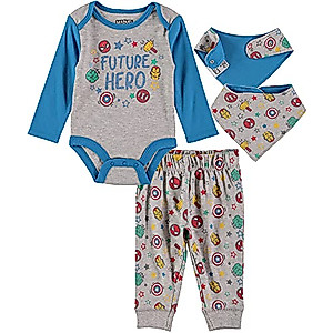Marvel The Avengers Baby Boys Clothing 3-Piece Set with Bodysuit, Pants, and Bib Baby Boy Clothes (Grey/Blue, 6-9 Months)