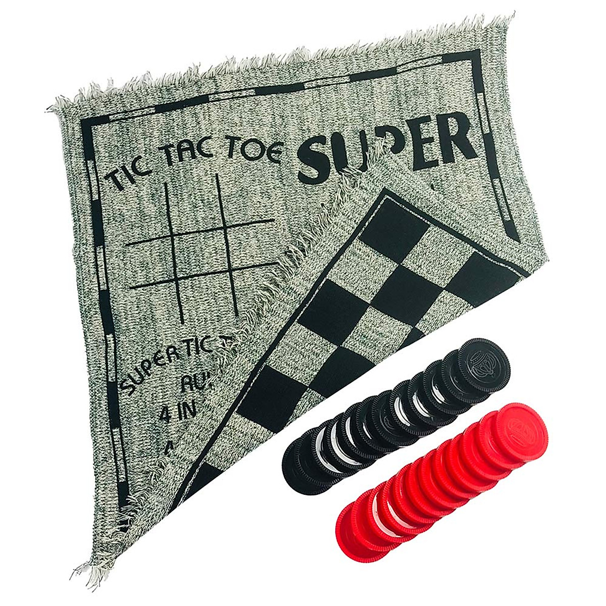 YH Poker 3 in 1 Giant Checkers Set and Tic Tac Toe Game with Reversible Rug - Indoor and Outdoor Board Game for Family, Great for Camping, Backyard, Lawn Game and Other Activities
