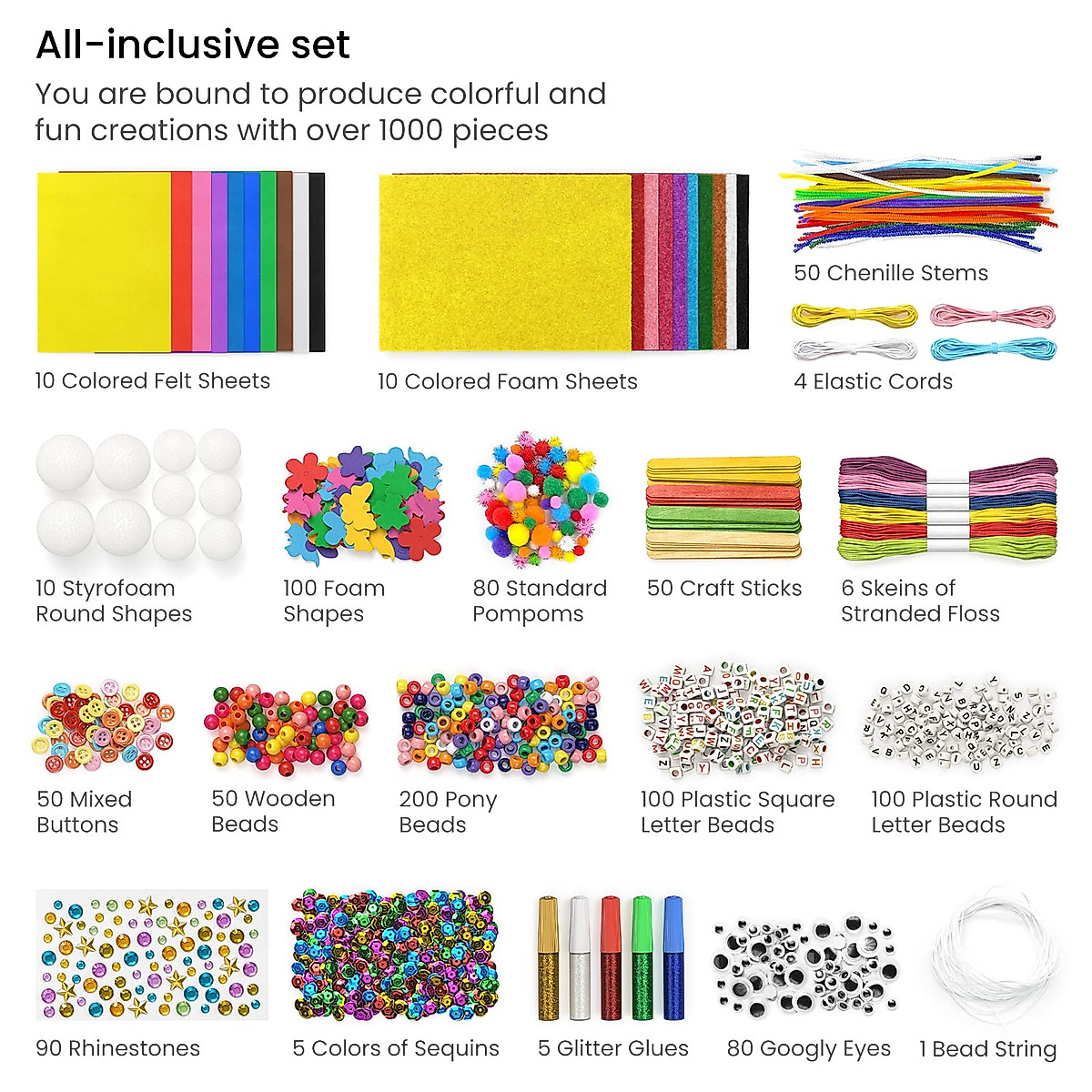 Arteza Ultimate Craft Kit, over 1,000 Pieces and Craft Supplies, Felt, Pom Poms, Googly Eyes, Glitter Glue, Pipe Cleaners for Crafts and DIY Projects