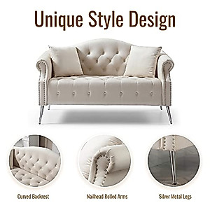 Homtique Velvet Loveseat Sofa for Living Room, Mid Century Modern Sofa Upholstered Button Tufted Rolled Arms and Metal Legs, 59.4" Small Sofa Couches for Small Spaces with 2 Pillows for Bedroom(Beige)
