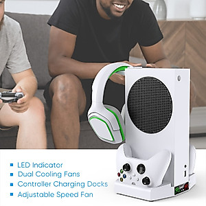 Vertical Cooling Stand with Suction Cooling Fan& Dual Controller Charger Station for Xbox Series S, Cooling Station with 3 Levels Adjustable Fan Speed Cooling System, Headset Stand and Extra USB Ports