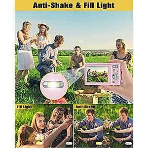 Digital Camera with 32GB SD Card, Lecran Kids Camera FHD 1080P 36.0 Mega Pixels Vlogging Camera with 16X Digital Zoom, LCD Screen, Compact Portable Mini Cameras for Kids, Teens, Students (Pink)