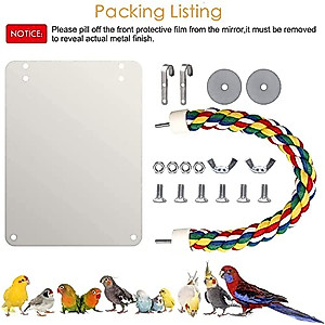 Tylu 6.6 inch Bird Mirror for Cage Parakeet Mirror with Rope Perch, Bird Cage Mirror Stand Swing Toys for Cockatiel Lovebirds Parrot Cockatoo Conures Finch Canaries, with ornaments