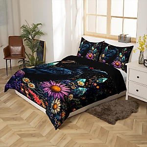 Erosebridal Crow Comforter Cover Full Size, Halloween Raven Bedding Set for Kids Teens Adult Women, Black Bird Animal Duvet Cover Flower Daisy Floral Quilt Cover Rustic Farmhouse Decoration
