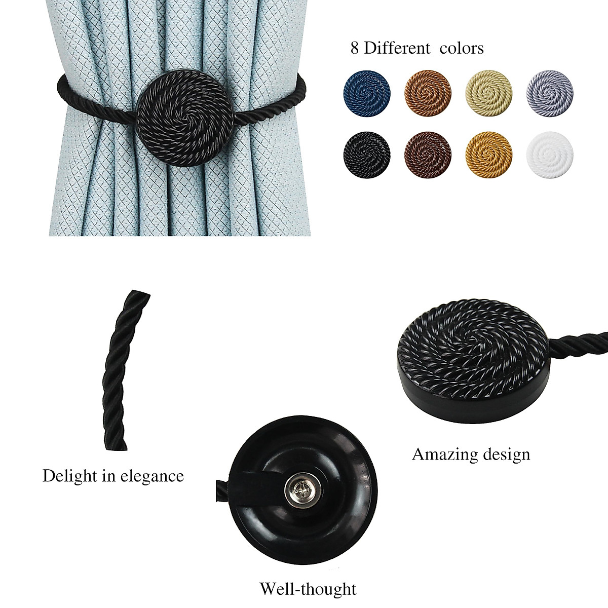 Hangtty Magnetic Curtain Tie Backs 4 Pack Rope Curtain Tiebacks Decorative Curtain Holders for Drapes Window Treatment Holdbacks Home Outdoor Curtain Tiebacks, Black