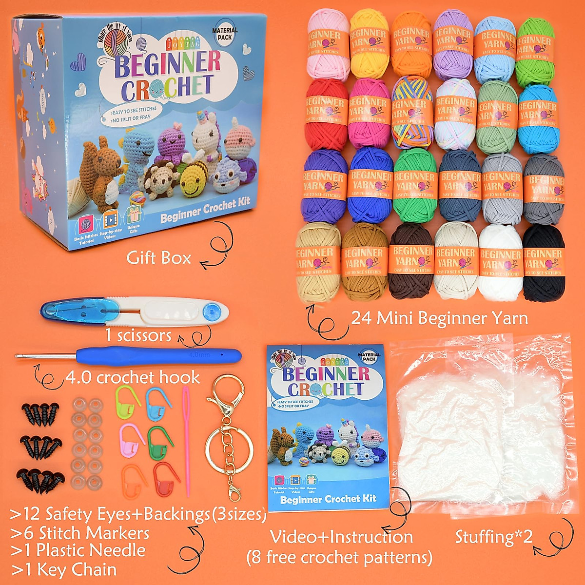 24 Pack Beginners Crochet Yarn Blue Green Pink Purple Yellow Rainbow Cotton Crochet Yarn for Crocheting Knitting Beginners with Easy-to-see Stitches Mini Crochet Yarn for Beginners Crochet Kit(24x25g)