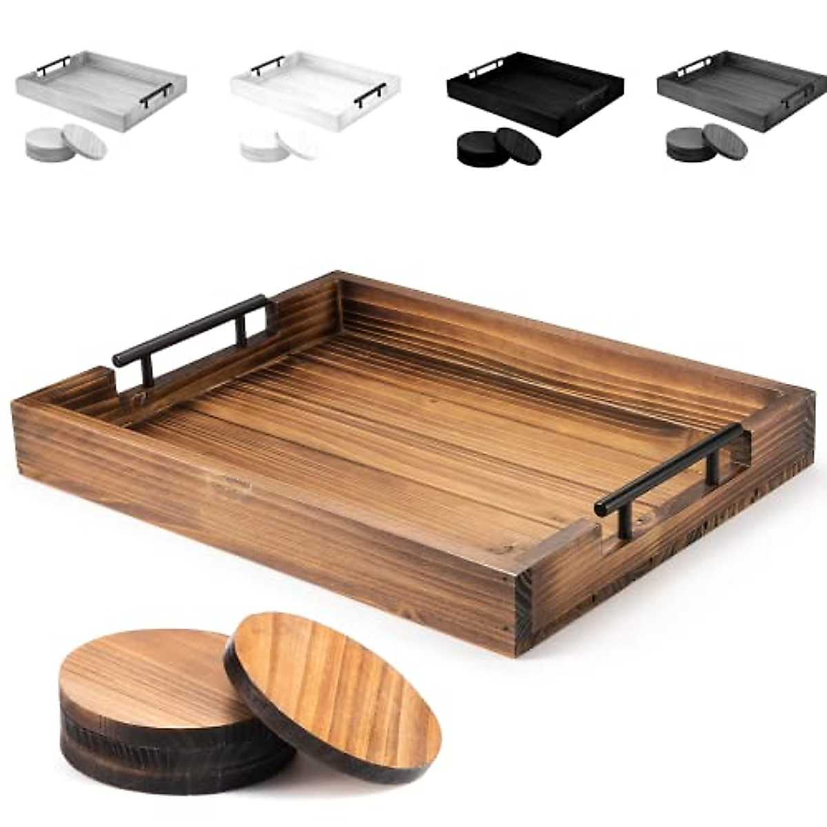 Berry Store Ottoman Tray with Handle for Living Room – Set of 4 Natural Wooden Coasters – Rustic Serving Tray for Coffee Table – Kitchen Decorative Tray with Handles (Rustic Brown)