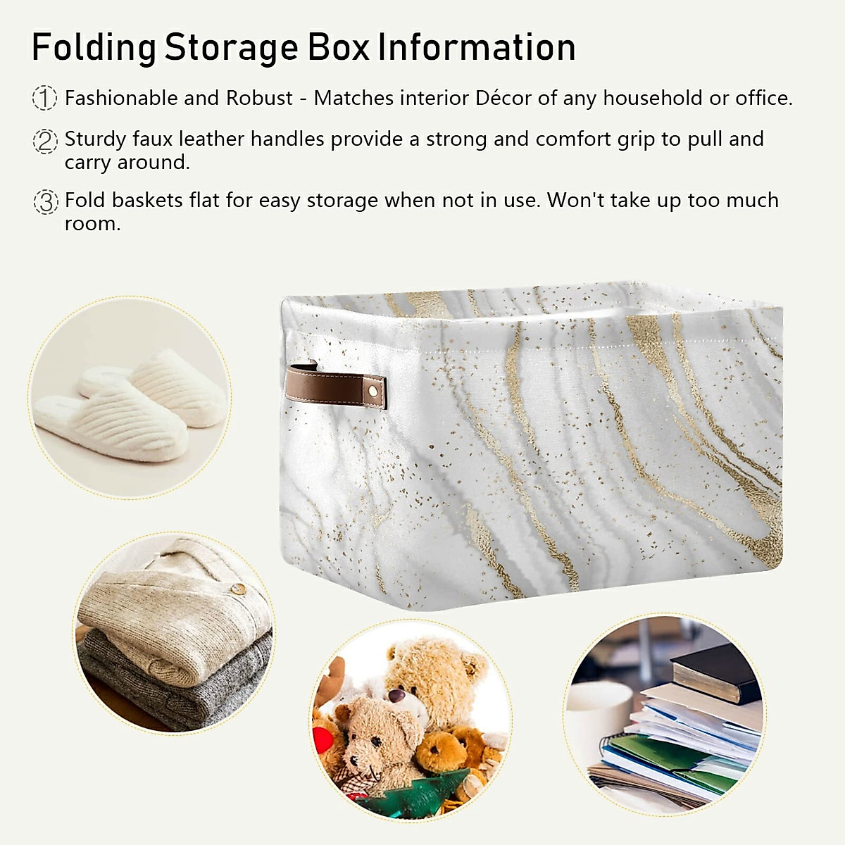 MNSRUU Storage Basket White Gold Marble Collapsible Organizer Basket with PU Handles, Waterproof Nursery Storage Bin，2 Pack