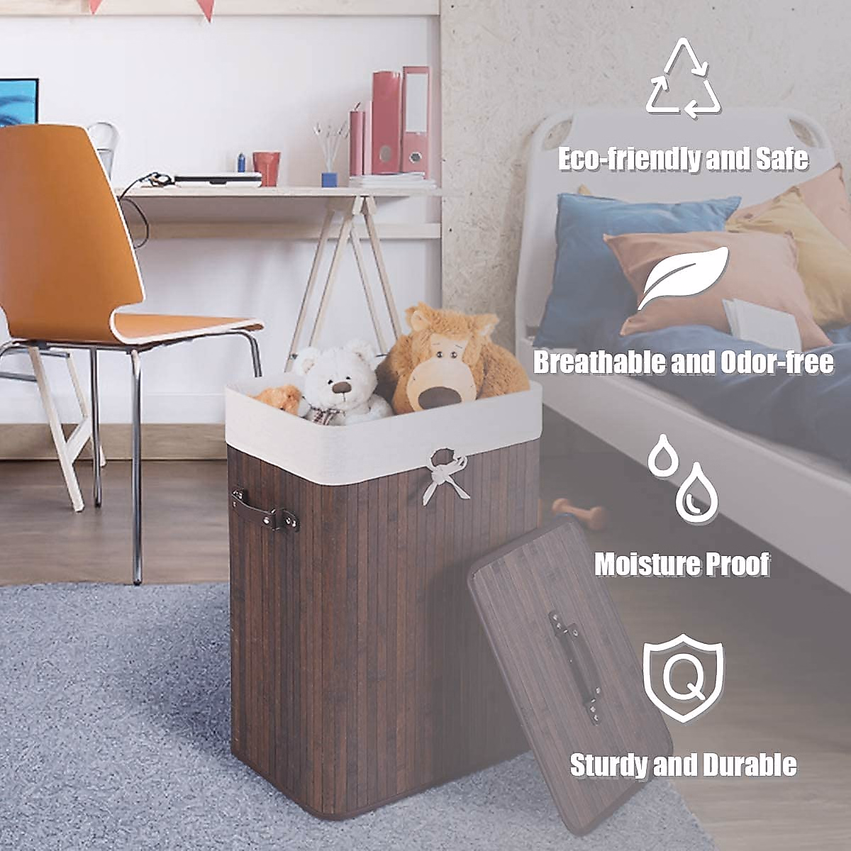 Byroce Bamboo Laundry Basket, Collapsible Laundry Hamper with Lid, Removable Liner & Handles, Dirty Clothes Toys Storage Bin for Laundry Room, Bedroom, Bathroom (Brown)