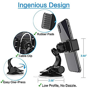 APPS2Car Suction Cup Phone Holder for Car with Adjustable Arm, Low Profile Dashboard Phone Mount Compact Windshield Window Dash Mobile Stand Compatible w/All iPhone and Android Cell Phones