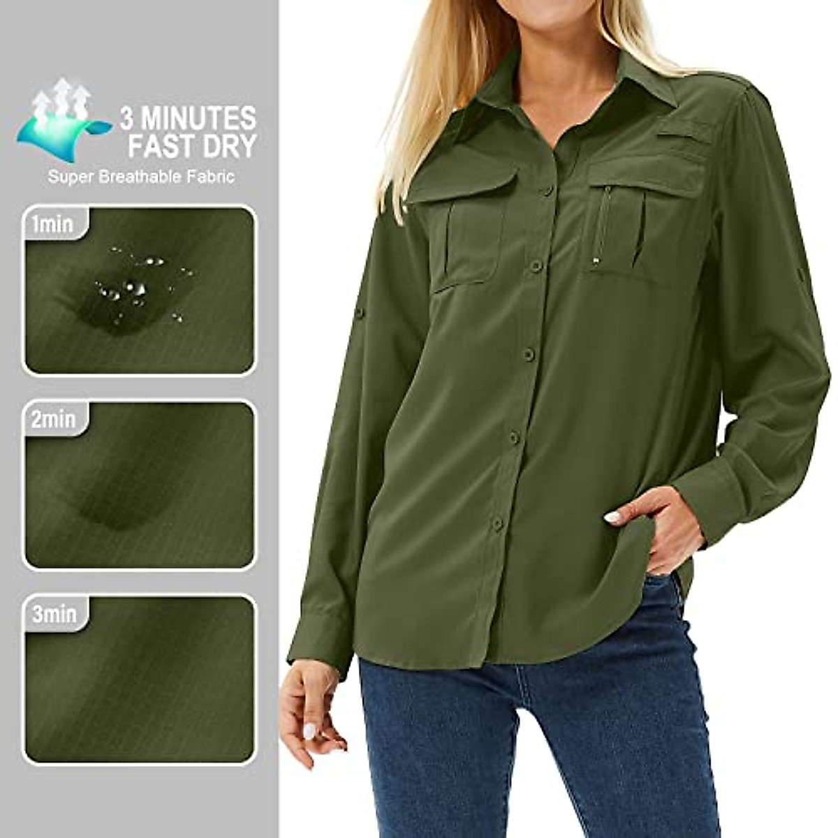 Toumett Women's UPF 50 Long Sleeve UV Sun Protection Safari Shirts Outdoor Quick Dry Fishing Hiking Travel Shirts(Amy Green,M,5071)