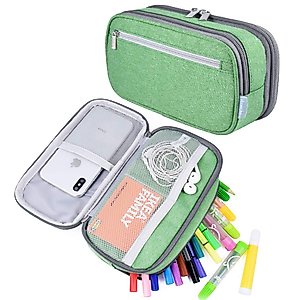 YONZONE Big Pencil Case Large Capacity Pencil Bag Pouch Pencil Pen Case Holder Marker with 3 Compartments for Office Desk Supplies Organizer Storage Makeup Bag, Green