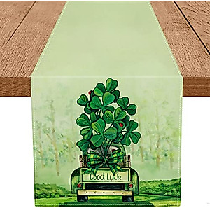 St Patricks Day Table Runner Shamrock Good Luck Truck Green Burlap Spring Holiday Kitchen Dining Banquet Indoor Outdoor Decorations Family Party Decor 13 x 72 Inch