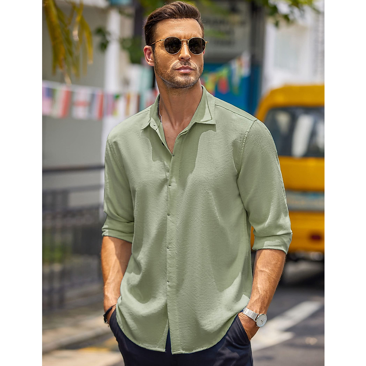 COOFANDY Men's Beach Shirt Button Up Shirts Casual Long Sleeve Slim Fit Summer Shirts Light Green